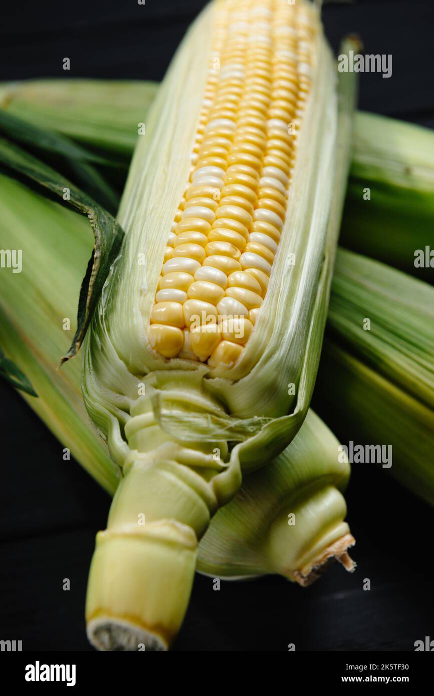 Green corn in close-up. Raw corn on dark background Stock Photo - Alamy