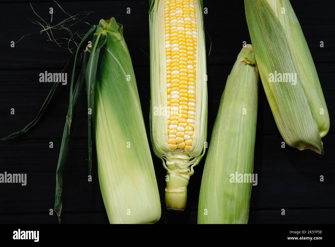 Raw corn or maize on dark background. Harvest food concept. Top view ...