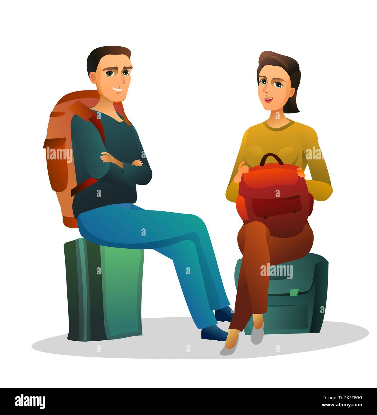 Tourists with backpacks and suitcases. Sits on luggage and waits. Isolated on white background ...