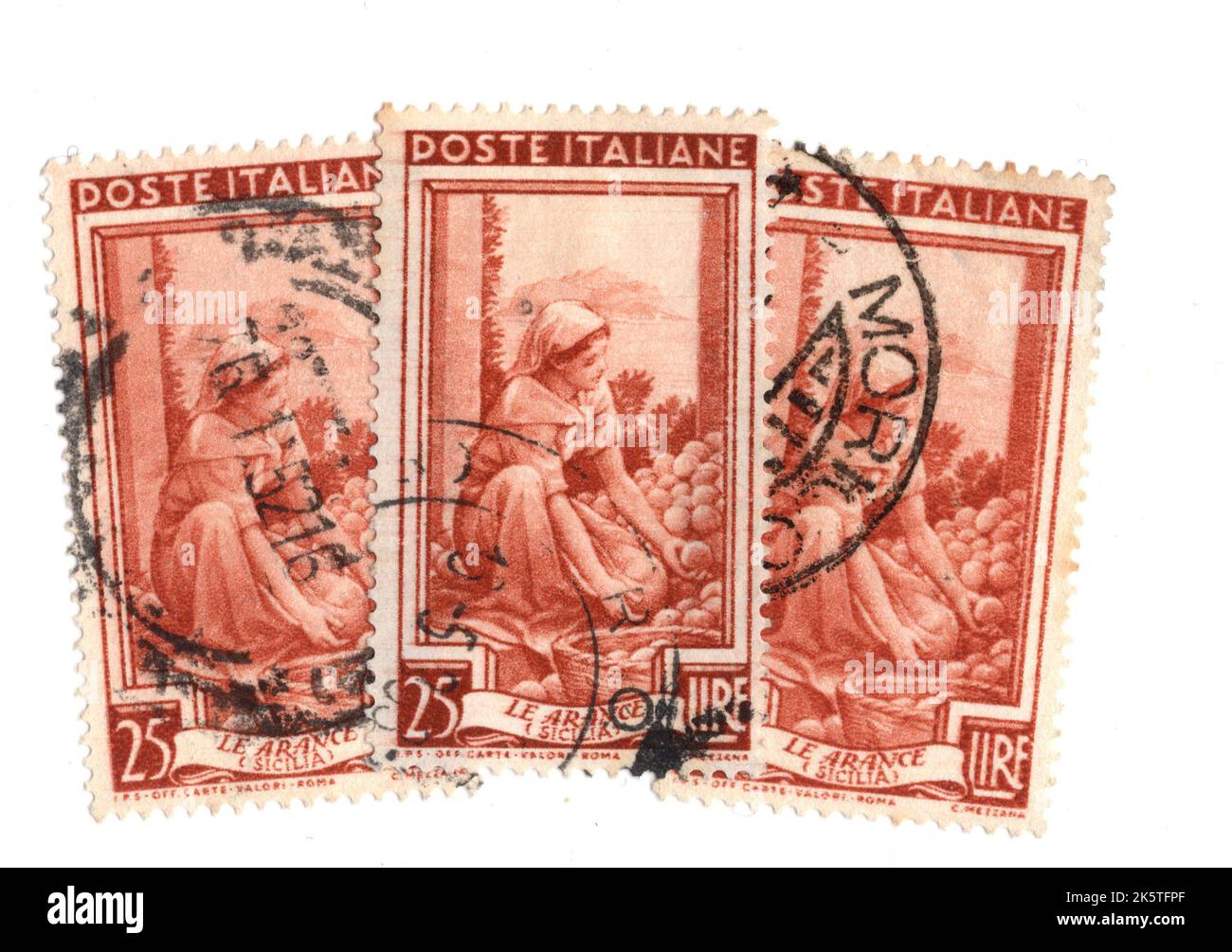 A montage of vintage postage stamps from Italy on a white background ...