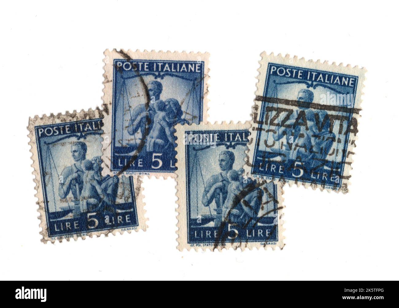 A montage of vintage postage stamps from Italy on a white background ...