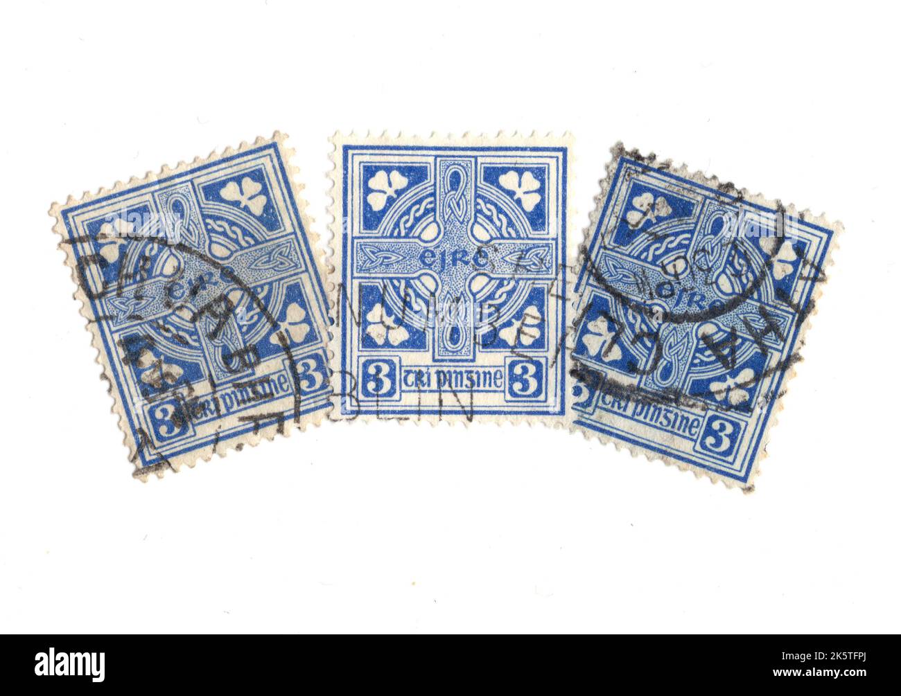 A montage of vintage postage stamps from Ireland on a white background ...