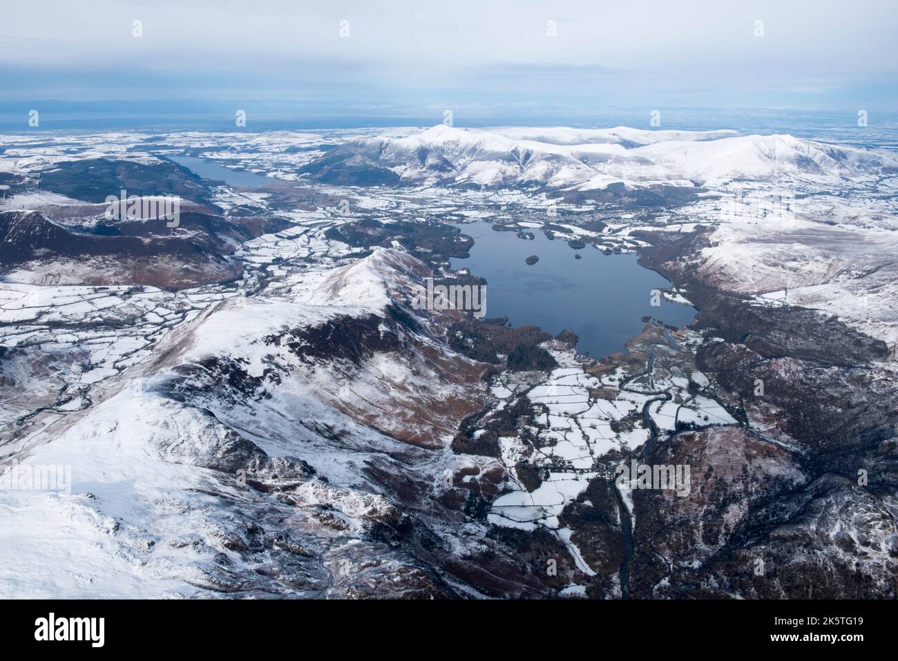 Derwent Water and a snowy capped Maiden Moor, looking north, Lake ...
