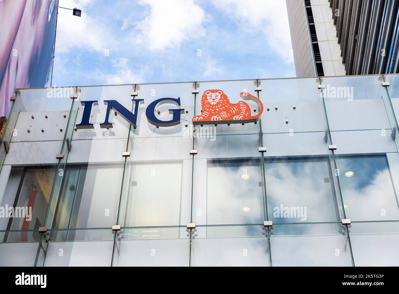 Barcelona, Spain - October 3, 2022: Facade and logo of the ING bank ...