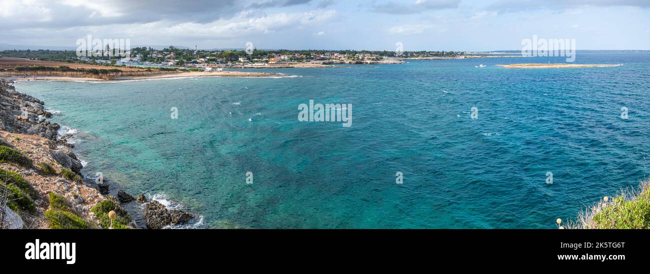 Extra wide angle view of The beautiful Ognina beach in Syracuse with ...