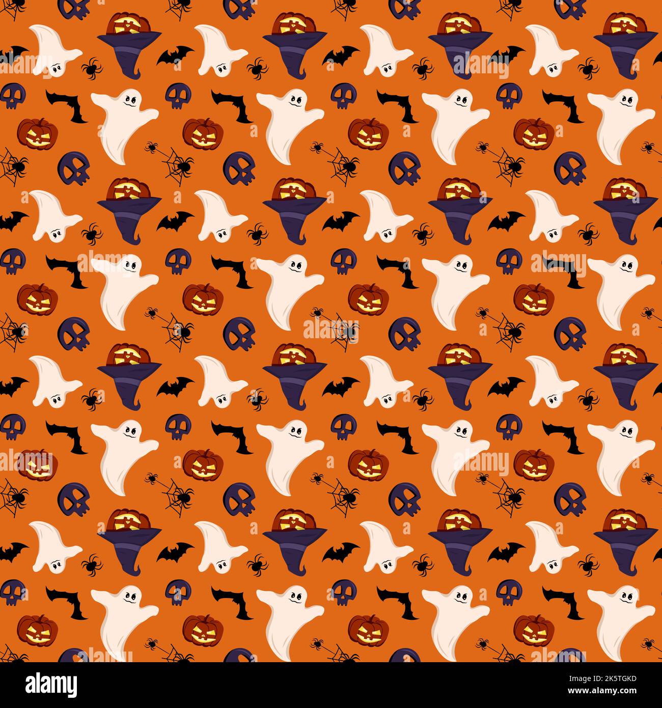 Bright dark pattern with pumpkins, ghosts, skulls, bats and spiders ...