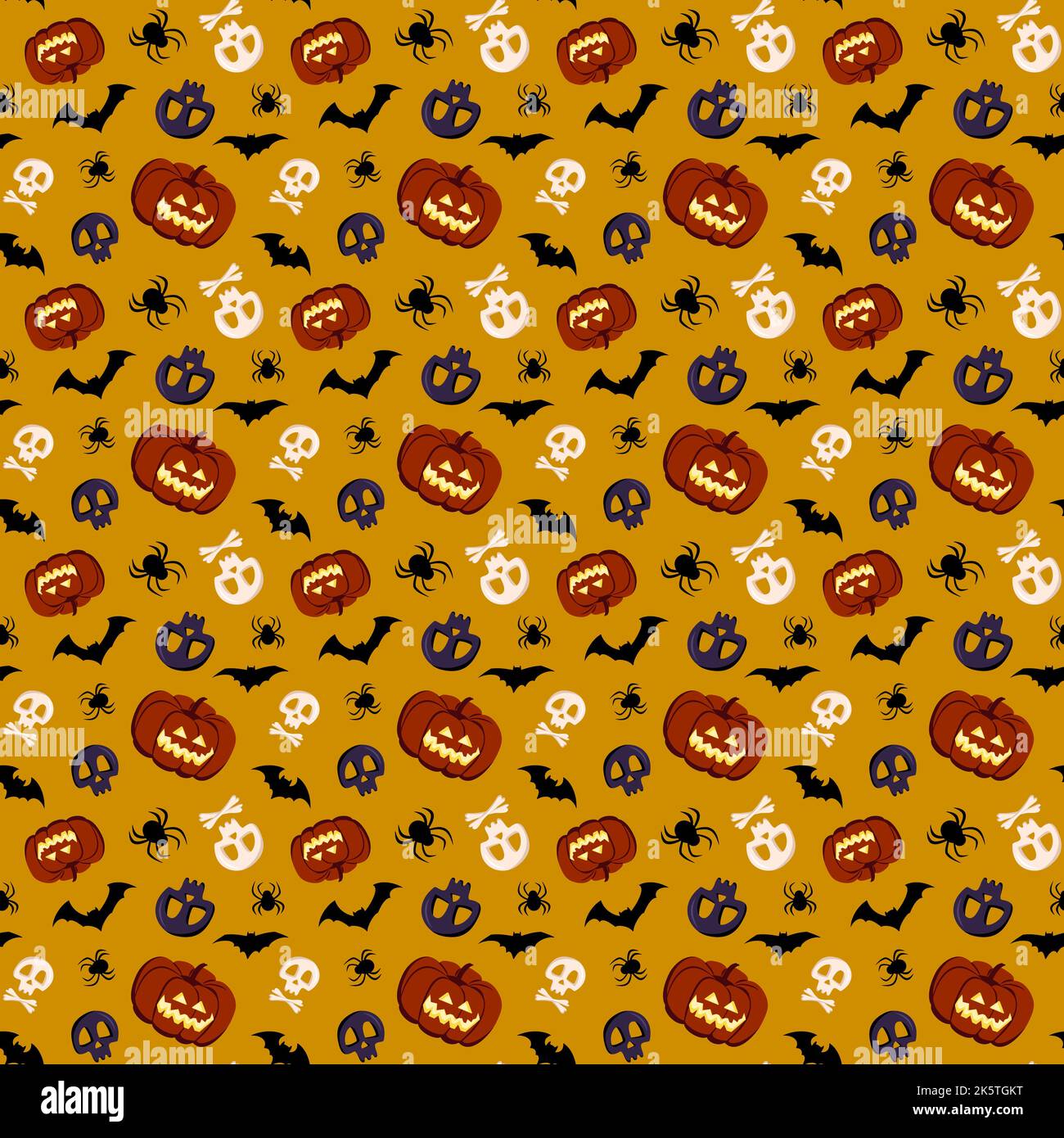 Bright dark seamless pattern with pumpkins, skulls, bats and spiders ...