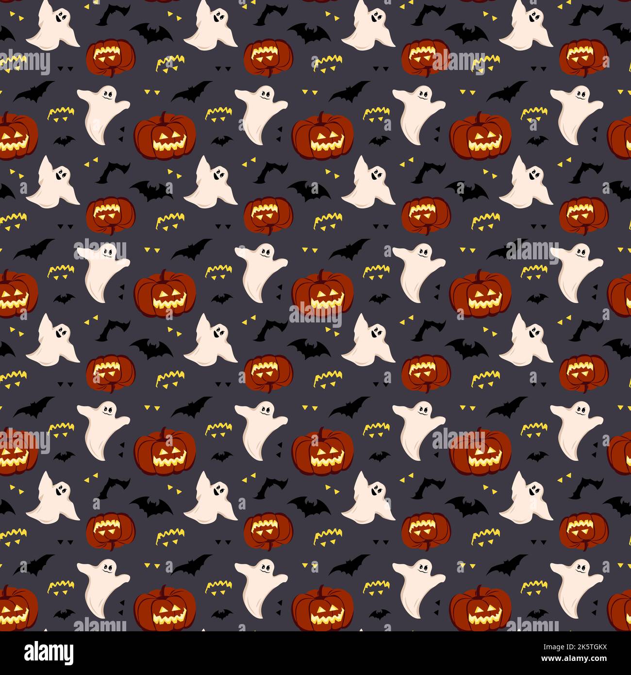 Bright dark pattern with pumpkins, ghosts and bats. Festive autumn ...