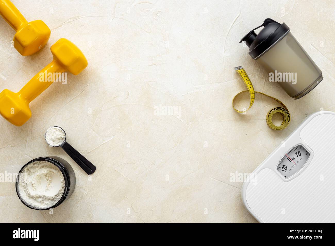 Sports nutrition background. Whey protein in jar and shaker bottle ...