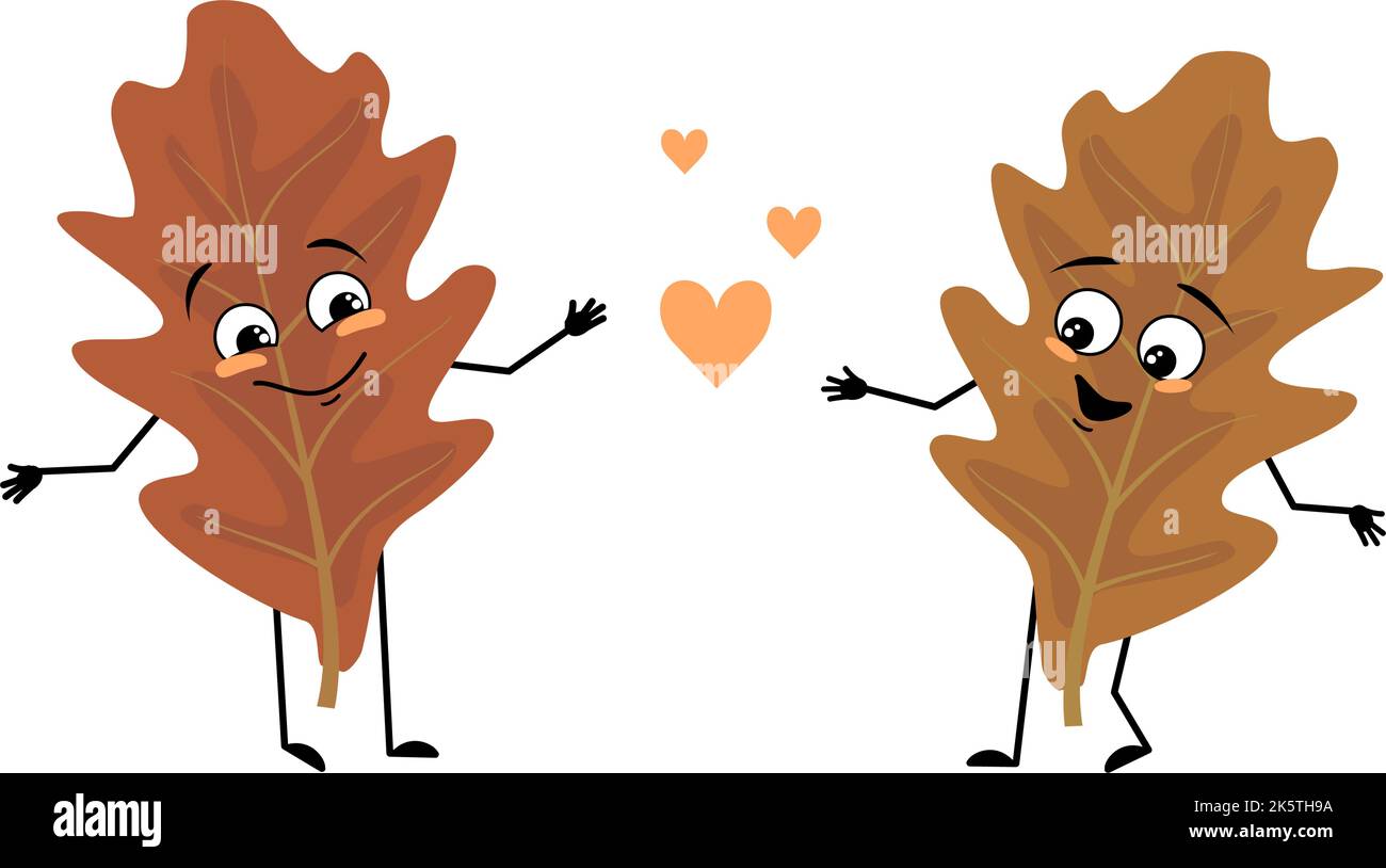 Oak leaf character with love emotions, smile face, arms and legs ...