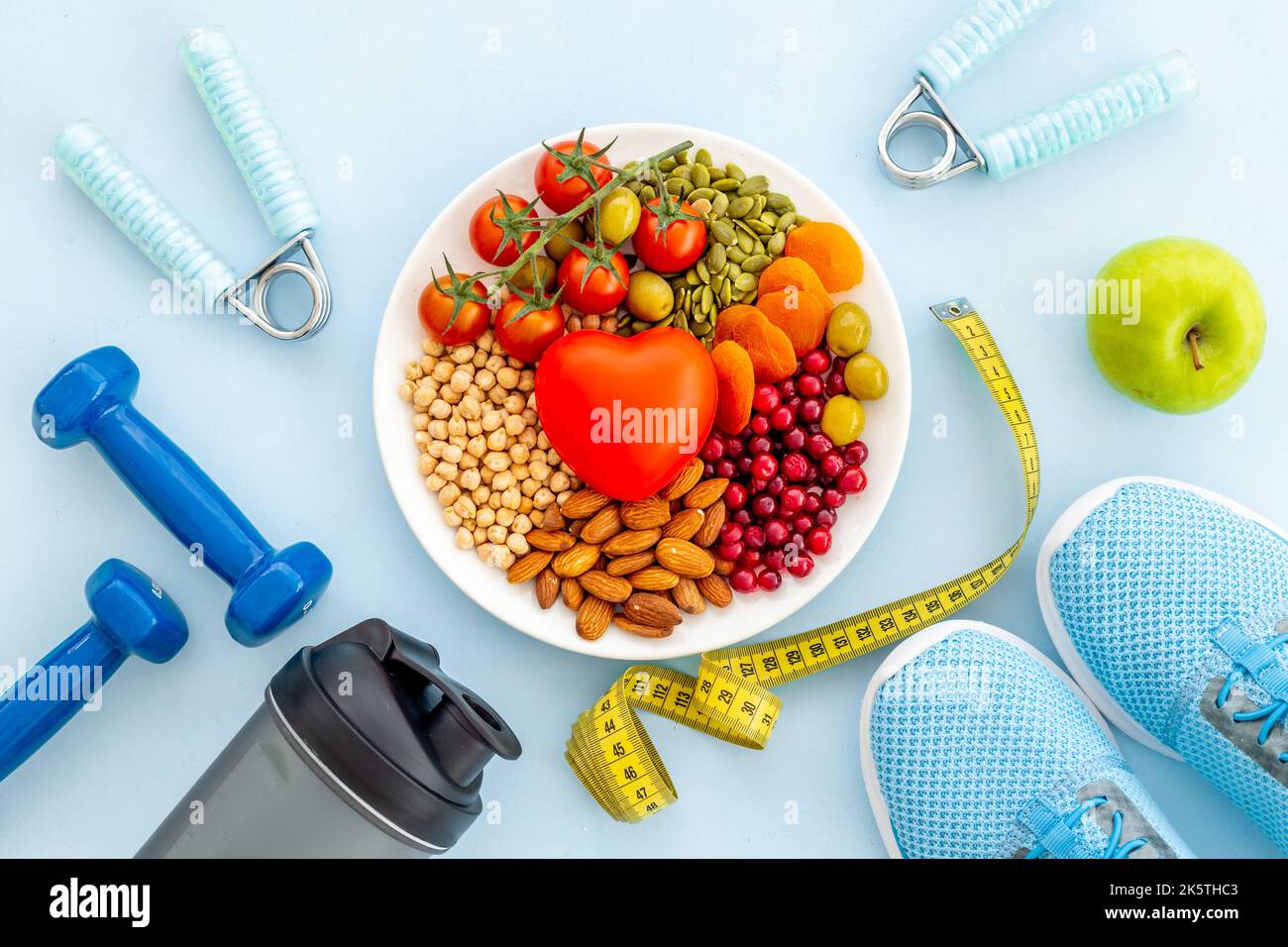 Sports nutrition diet. Healthy food with fitness equipment Stock Photo ...