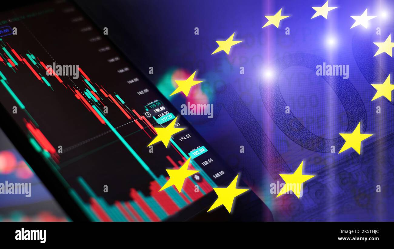 A Stock market background with European Union Flag and Falling market ...