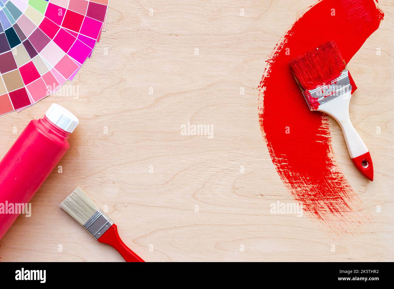 Paintbrush and color palette guide, top view. House renovation tools ...