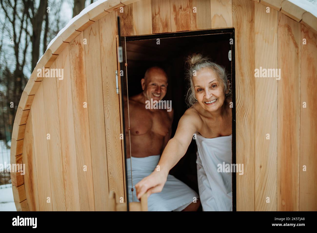 Senior couple enjoying together time in wooden sauna, relax, spa and ...