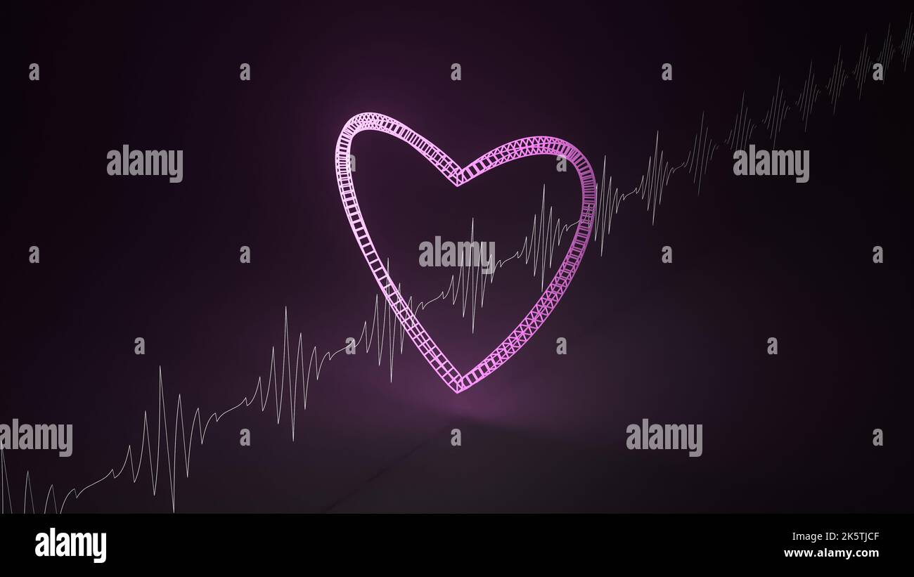 3D rendering of neon heart object and pulse line passing through it on ...
