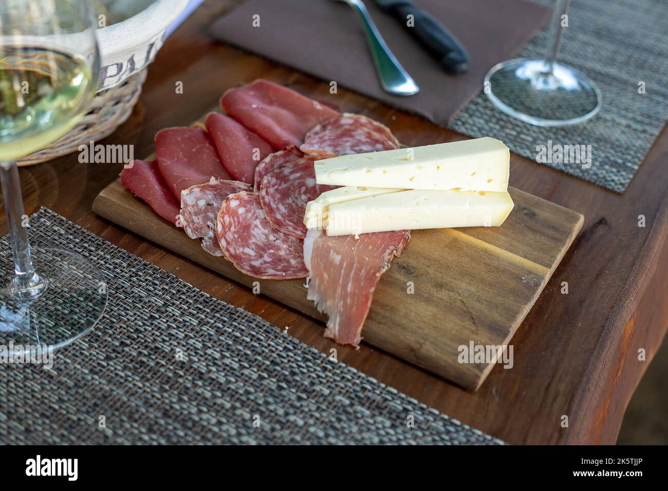 Traditional Italian cold cuts with Cheese and Salami as top view on old ...