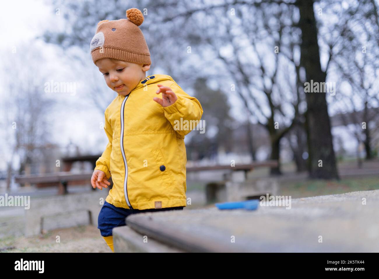 Happy little boy with teddy bear cap playing on playground at sandpit ...