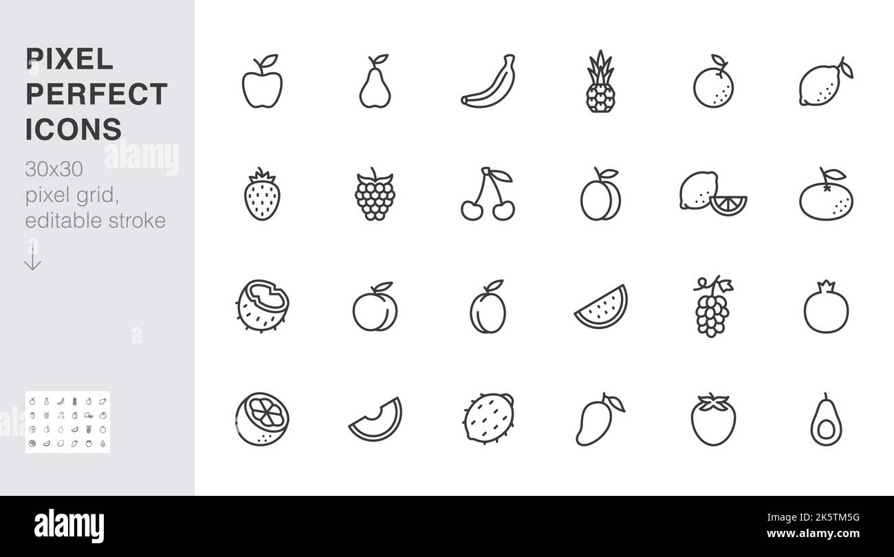 Fruits line icon set. Coconut, peach, apple, strawberry, pineapple, melon, pomegranate, mango ...