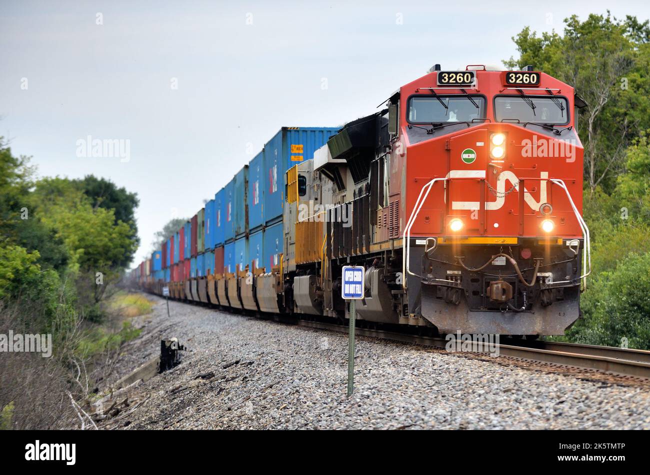 Dundee, Illinois, USA. Locomotives lead a Canadian National Railway ...