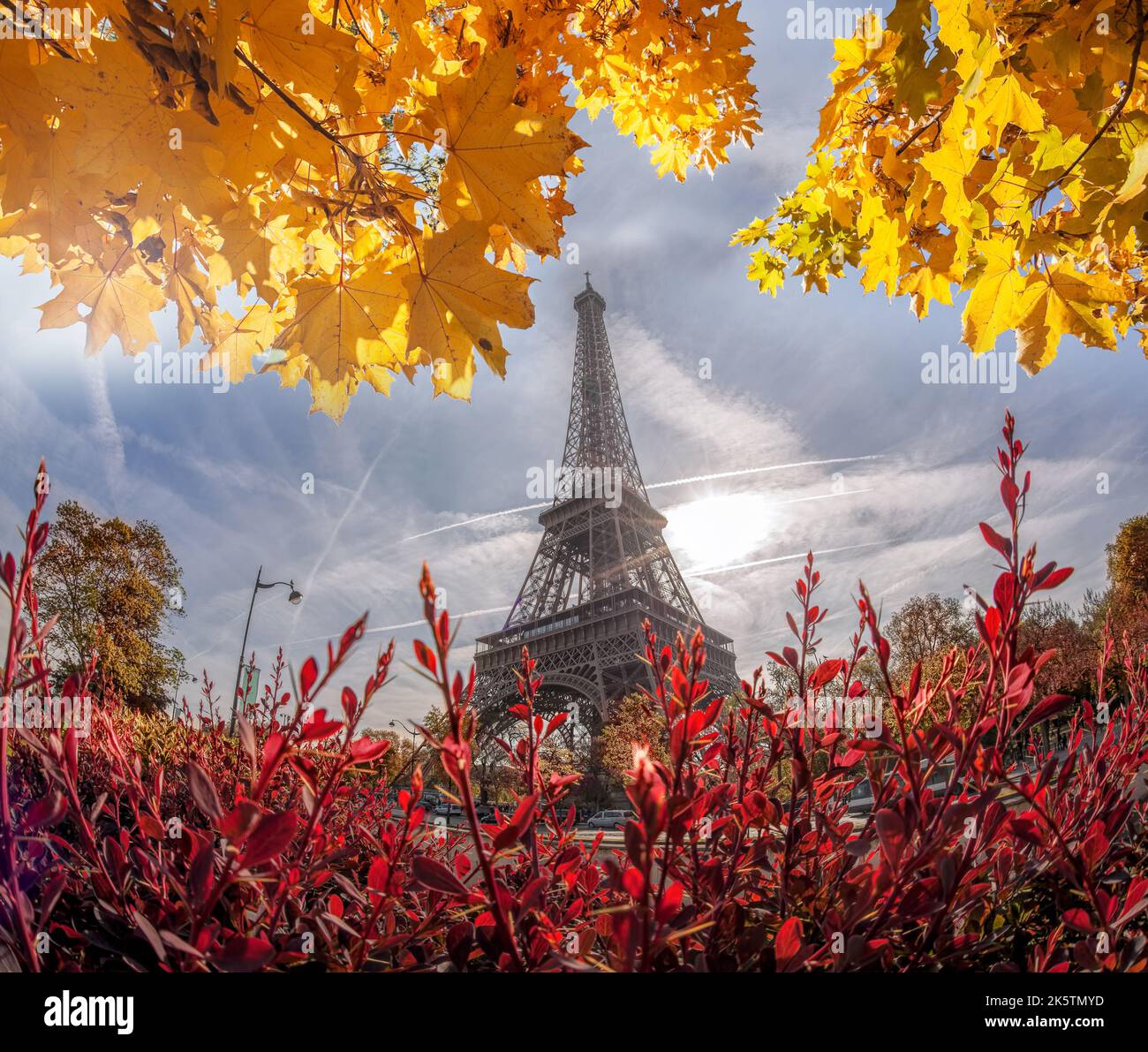 Eiffel Tower with autumn leaves during sunrise in Paris, France Stock ...