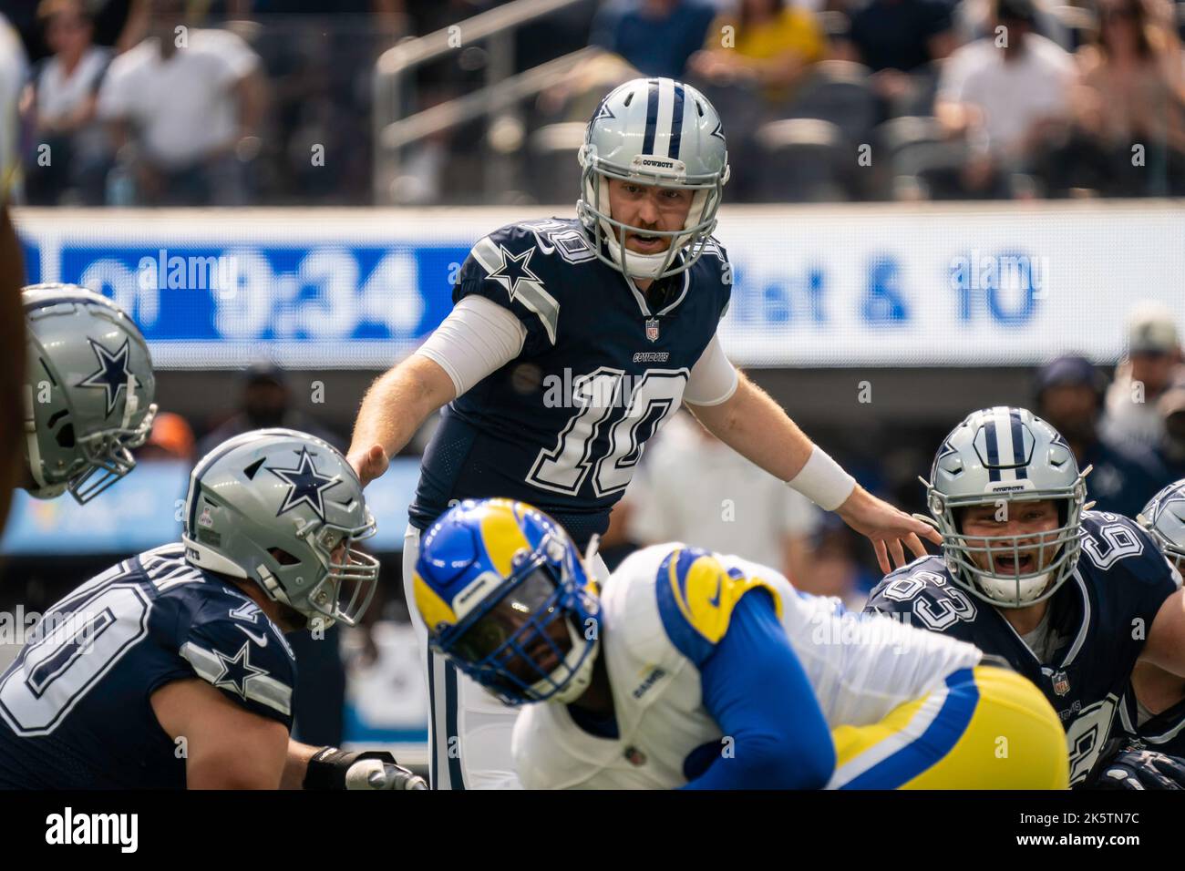 Dallas Cowboys quarterback Cooper Rush (10) calls an audible during a ...