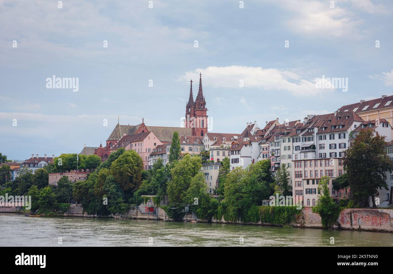 Buildings in the city centre of Basel and the Rhine river, Switzerland ...