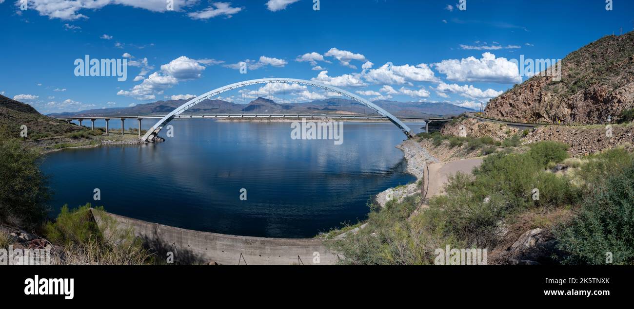 A panoramic view of the Roosevelt Lake Bridge within the Tonto National ...