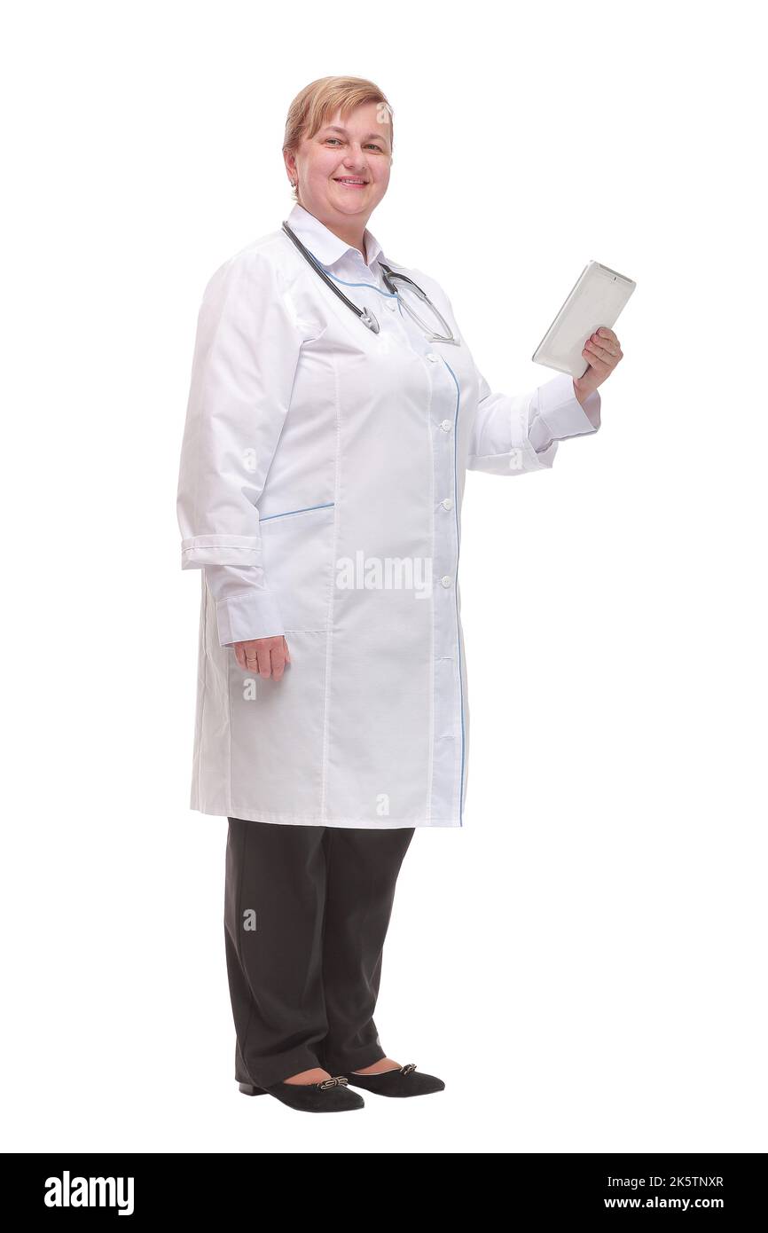 Side view of professional doctor or nurse woman in labcoat uniform with ...