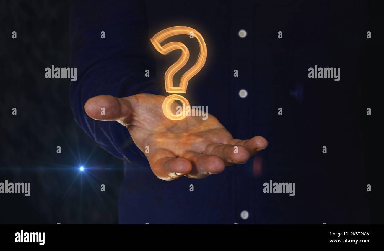 Question mark, search, support, faq, quiz and help 3d symbol over man ...