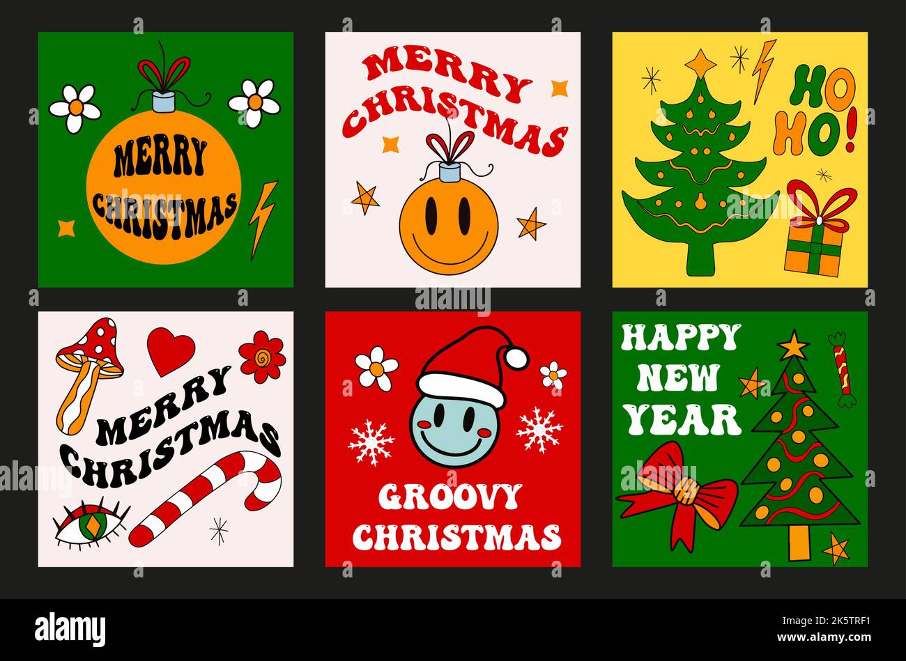 Groovy christmas cards in retro 70s style. Merry christmas and new year ...