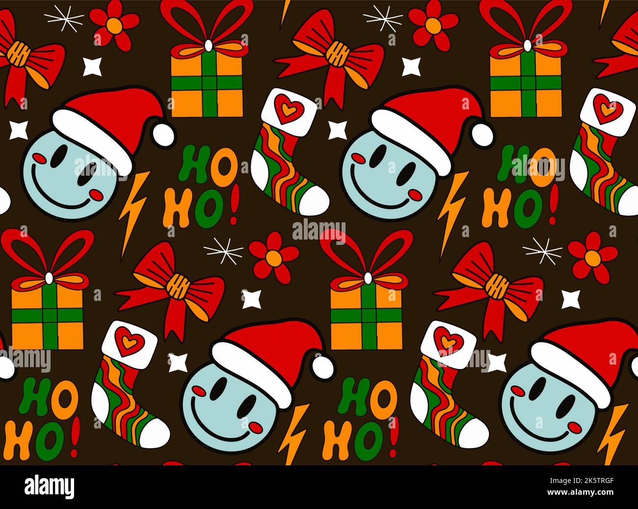 Merry Christmas Groove seamless pattern 70s style. Psychedelic hippie ...
