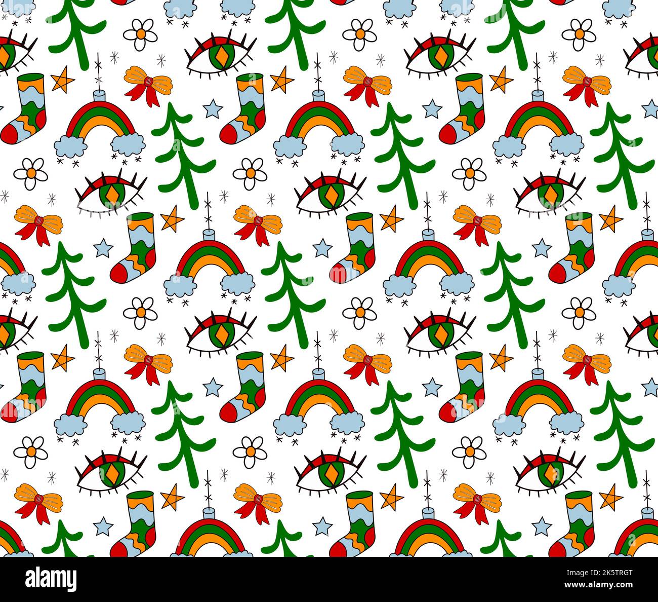 Merry Christmas Groove seamless pattern 70s style. Psychedelic hippie ...