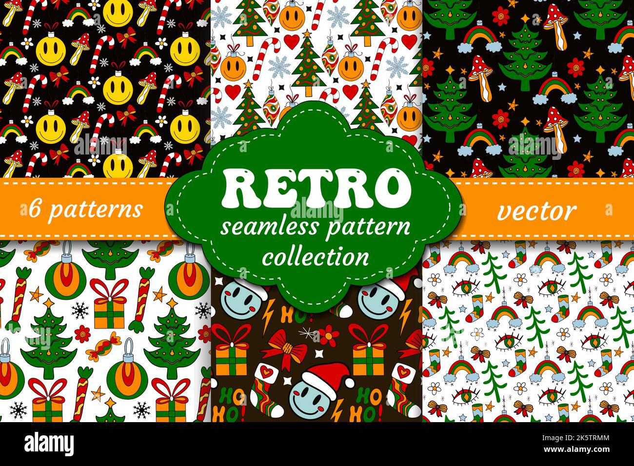 Merry Christmas Groove seamless pattern 70s style. Psychedelic hippie ...