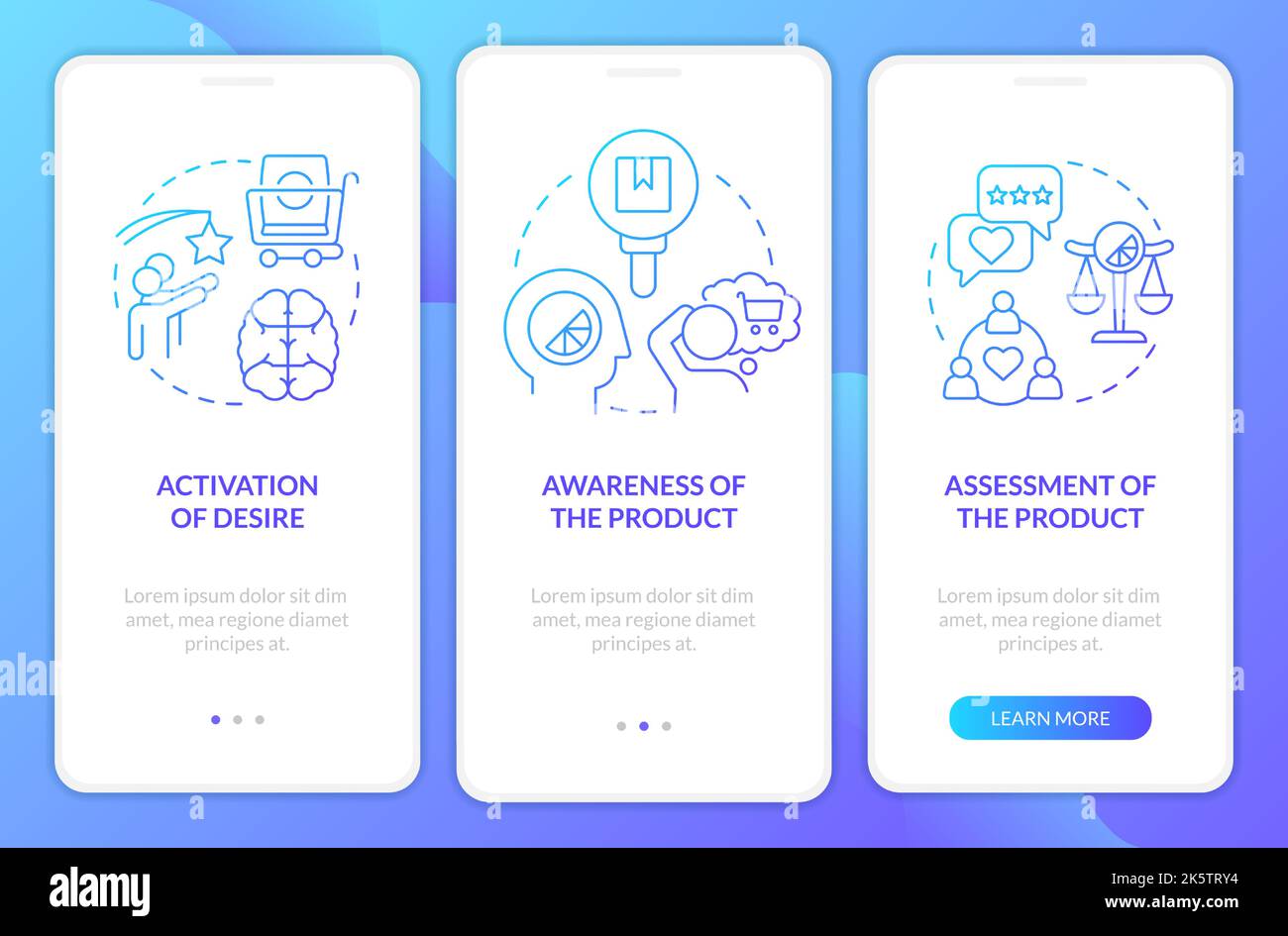 Sensory system in customer behaviour blue gradient onboarding mobile app screen Stock Vector ...