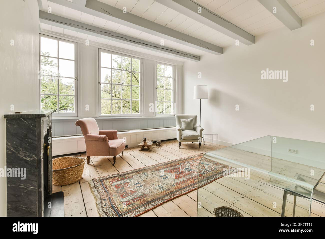Minimalist interior of study room with fireplace and white walls ...