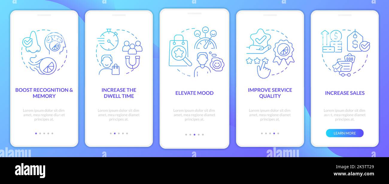 Ambient scent marketing pros blue gradient onboarding mobile app screen ...