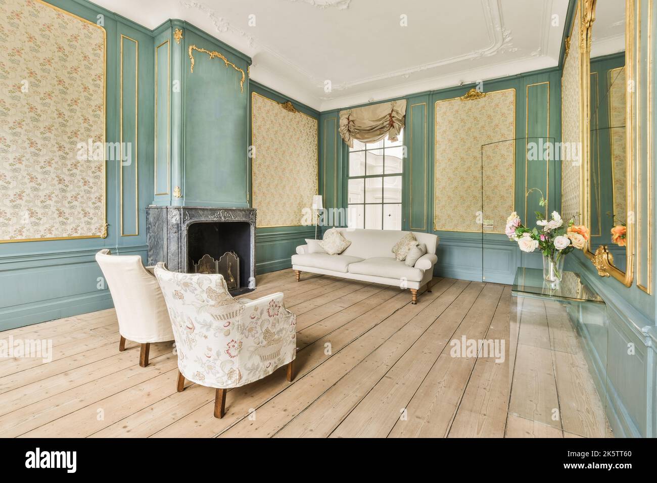 Stylish luxury home interior design of cozy living room with burning ...