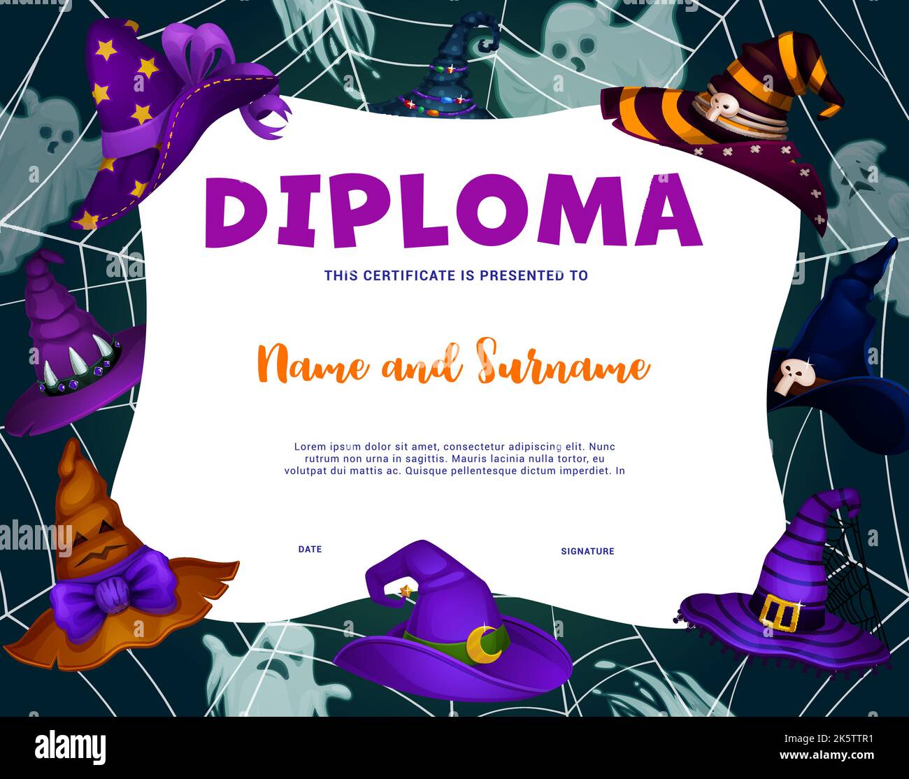 Kids diploma. Cartoon Halloween ghosts and witch hats in cobweb ...