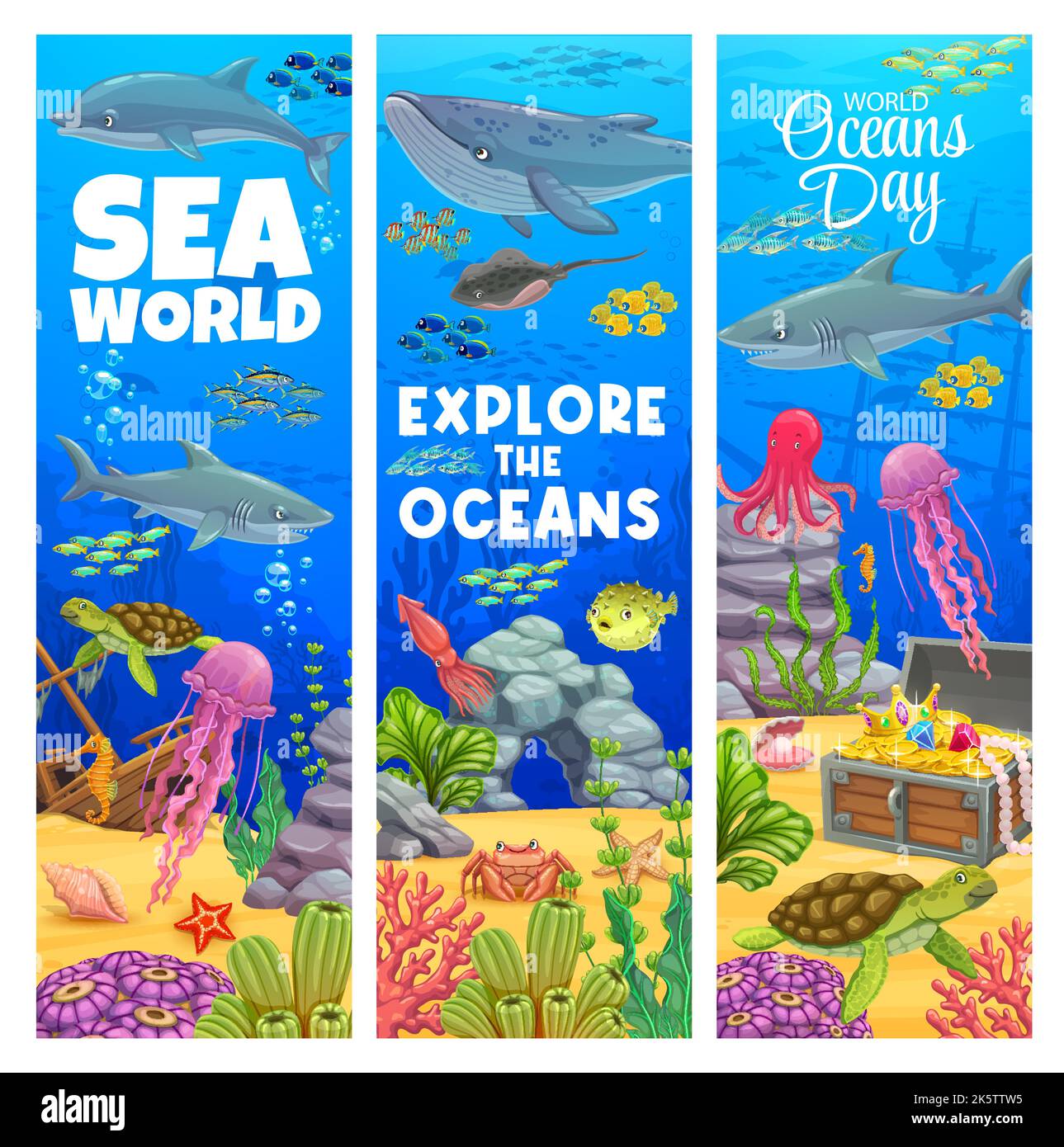 Cartoon underwater landscape banners with sea bottom, sunken ship ...
