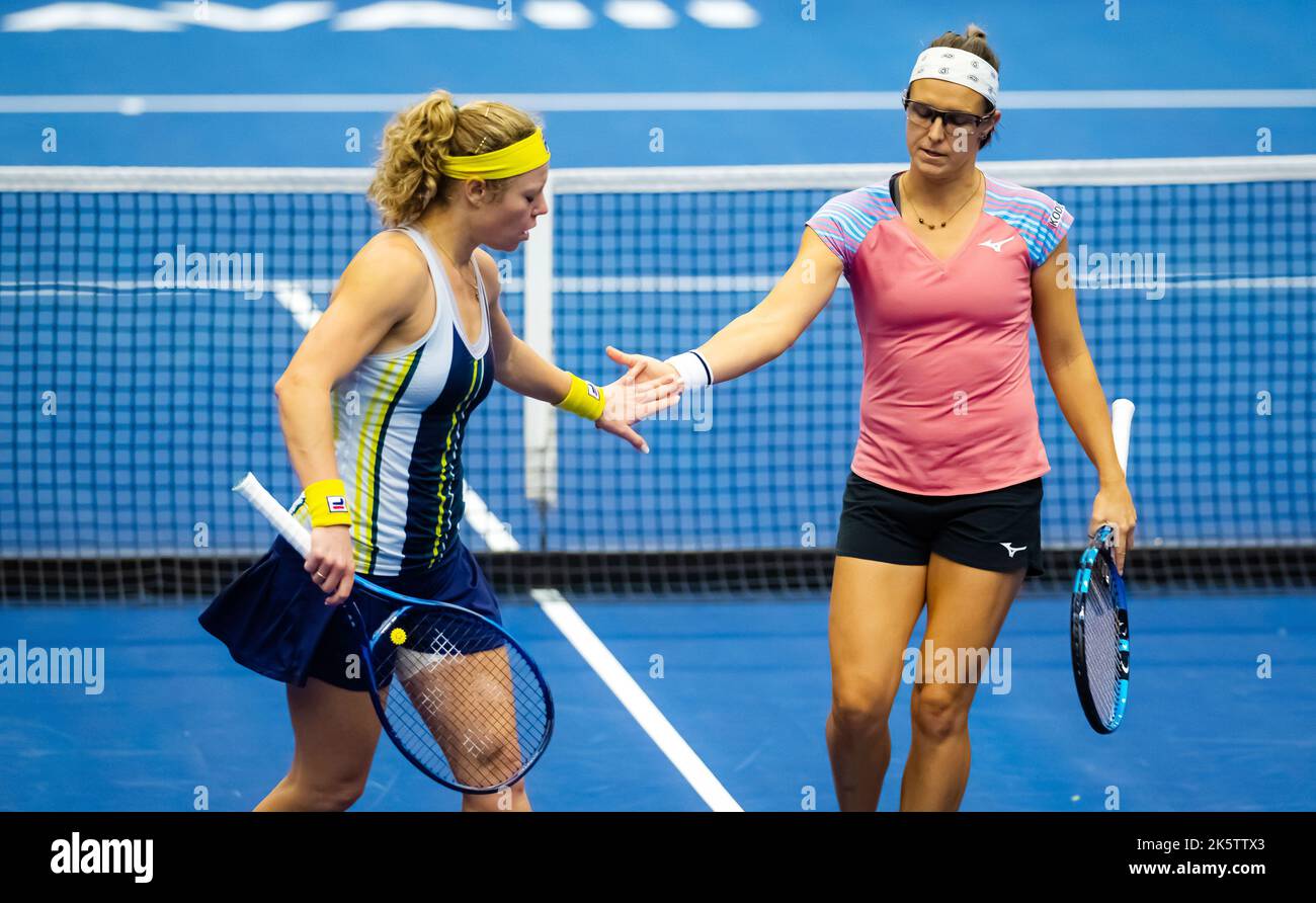 Laura Siegemund of Germany & Kirsten Flipkens of Belgium in action during the doubles semi-final ...