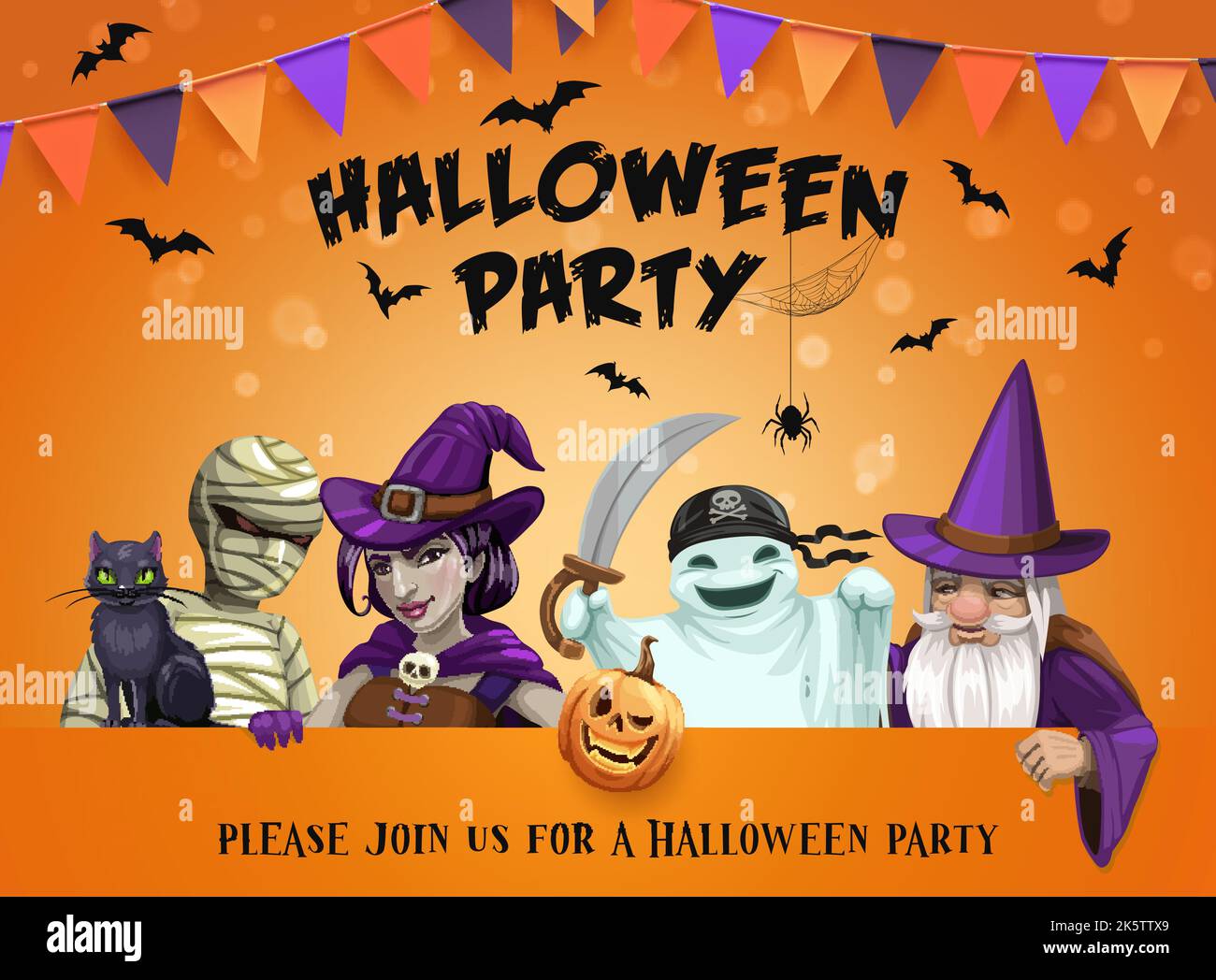 Halloween party poster. Cartoon witch, ghost, wizard and mummy ...