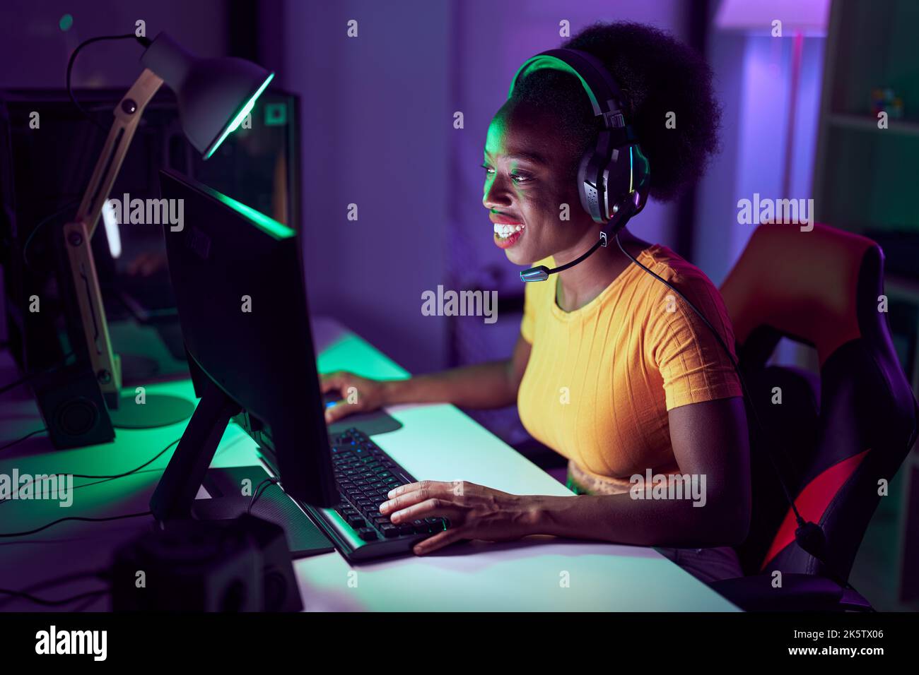 African american woman streamer using computer at gaming room Stock ...