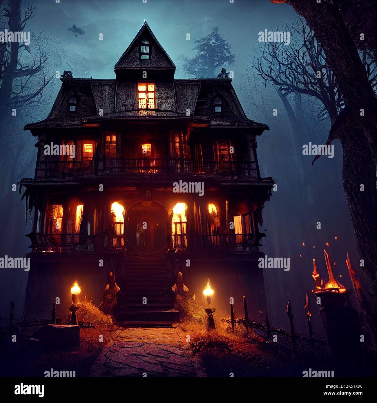 An outdoor view of a spooky house with lights on a foggy night Stock ...