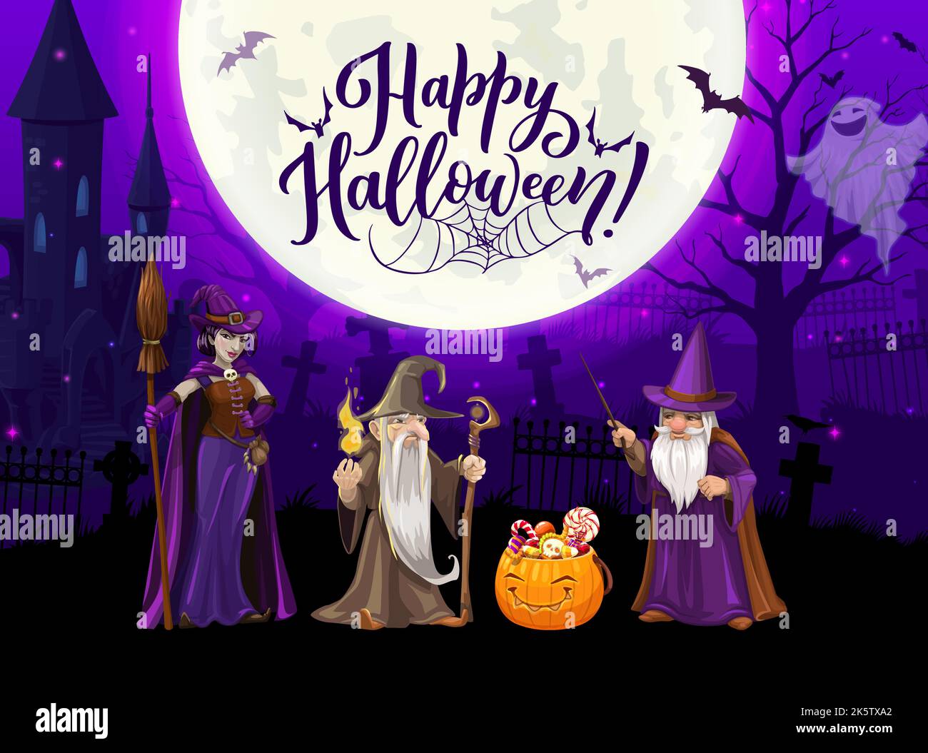 Halloween characters. Wizard, witch and sorcerer on night holiday ...