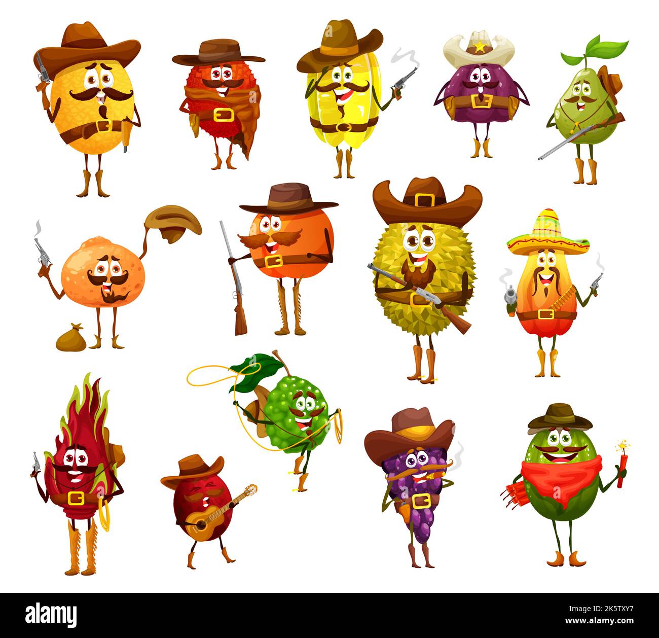 Cartoon cowboy robber, sheriff, ranger and bandit fruit characters ...