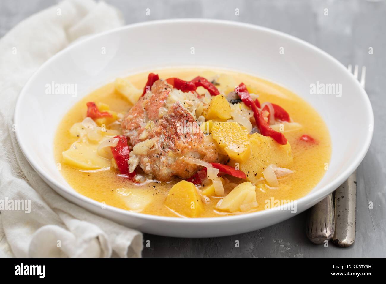 typical portuguese fish stew caldeirada on white plate on ceramic Stock ...