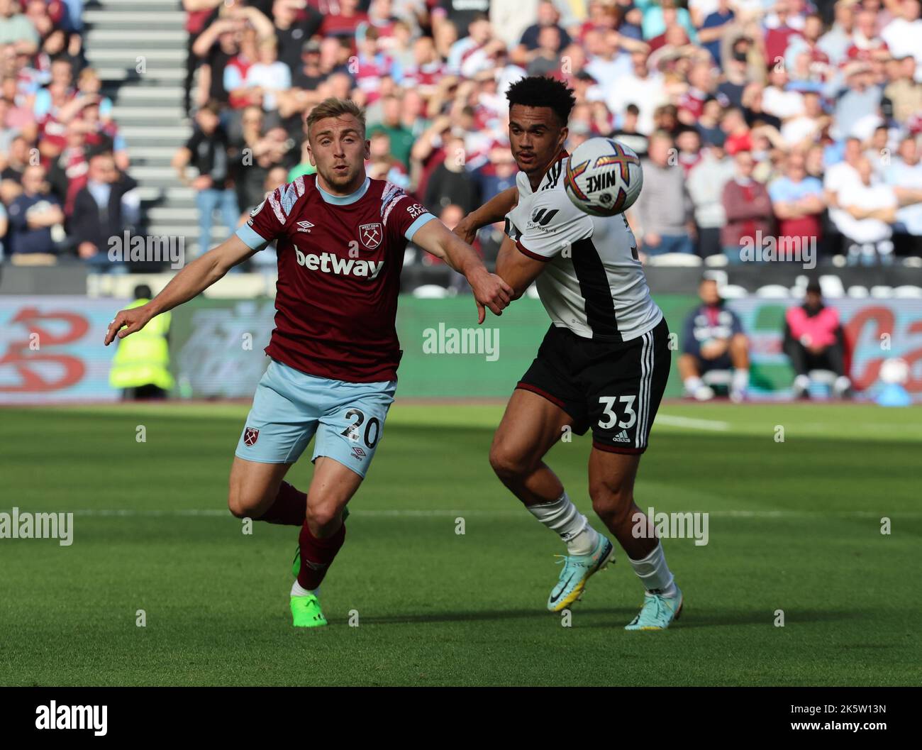 London ENGLAND - October 09: West Ham United's Jarrod Bowen and Fulham ...