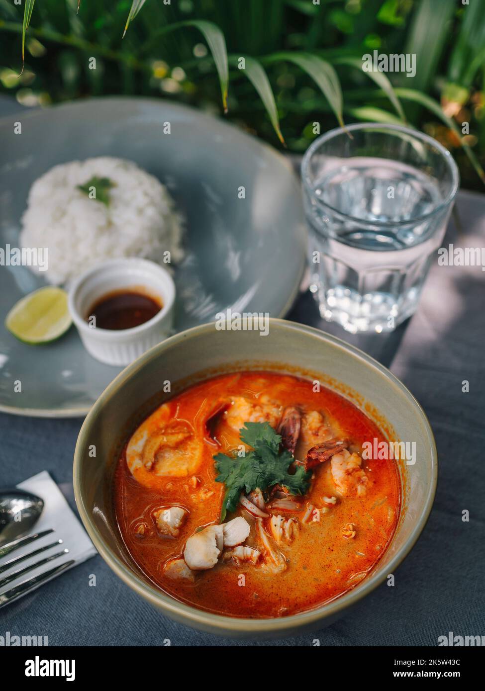 Asian soup 'Laksa' under palm tree at sunny day Stock Photo - Alamy
