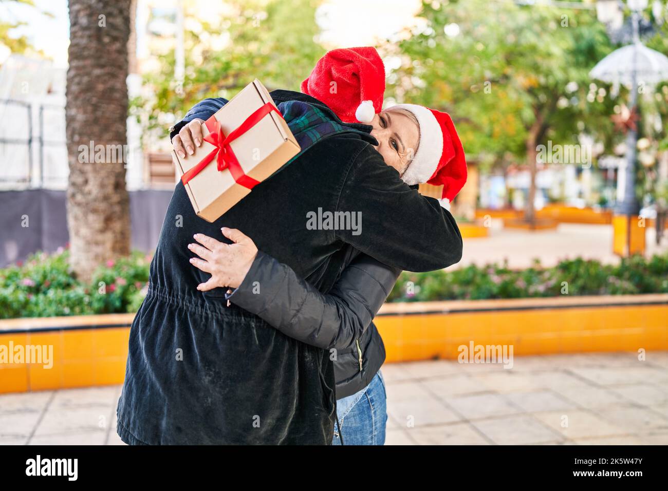 Mother and son hugging each other holding christmas gift at park Stock ...