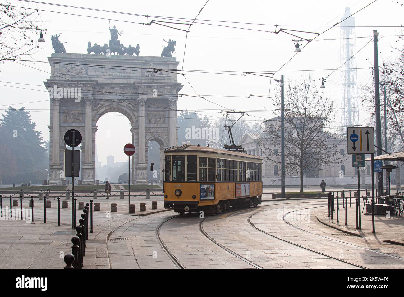 Milan, Italy - January 30, 20187: a typical yellow tram in Milan with ...